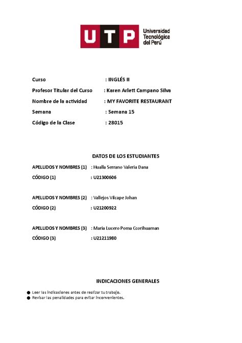 Ac S15 Week 15 Task Assignment My Favorite Restaurant Curso InglÉs Ii Profesor Titular