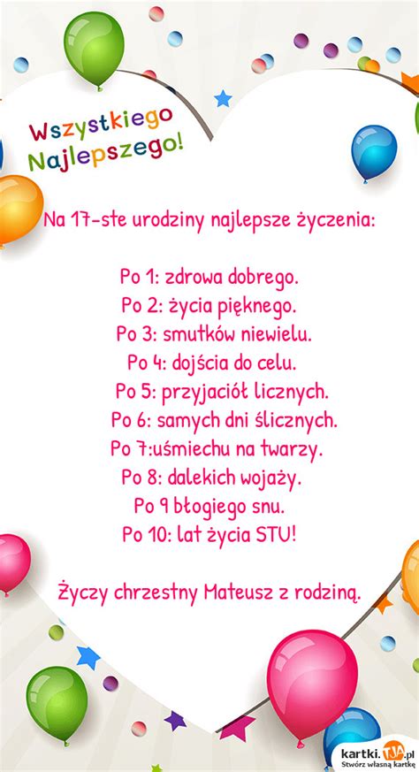 Na 17 ste urodziny najlepsze życzenia Darmowe kartki