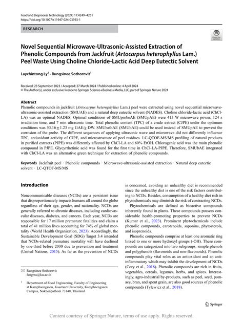 Novel Sequential Microwave Ultrasonic Assisted Extraction Of Phenolic Compounds From Jackfruit