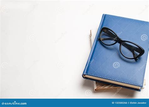 Notebook With Glasses And Pen Book With Glasses Blue Notebook Stock