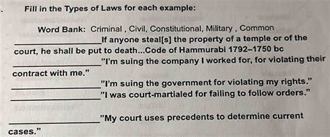 Solved Fill In The Types Of Laws For Each Example Word Bank Criminal