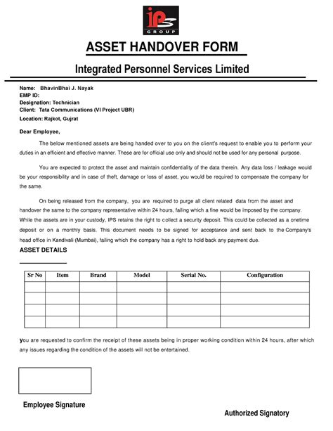 Asset Handover Form IPS ASSET HANDOVER FORM Integrated Personnel