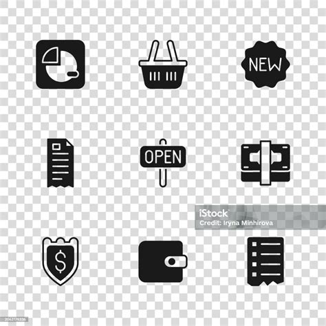 지갑 설정 스택 지폐 현금 쇼핑 목록 텍스트 열기 가격표 새로 만들기 파이 차트 인포 그래픽 바구니 및 재무 수표 아이콘이있는 매달린 기호 벡터 0명에 대한 스톡 벡터 아트