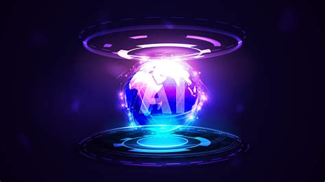 파란색 배경에 디지털 연단에 홀로그램 행성 형태로 Ai의 디지털 네온 시각화가 있는 포스터 0명에 대한 스톡 벡터 아트 및 기타 이미지 0명 3차원 형태 Cpu