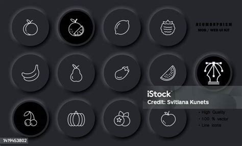 과일과 채소 세트 아이콘입니다 블루 베리 적절한 영양 수박 레몬 바나나 사과 라즈베리 체리 가지 호박 복숭아 오렌지 자연 개념 신형 스타일 벡터 선 아이콘 0명에 대한 스톡