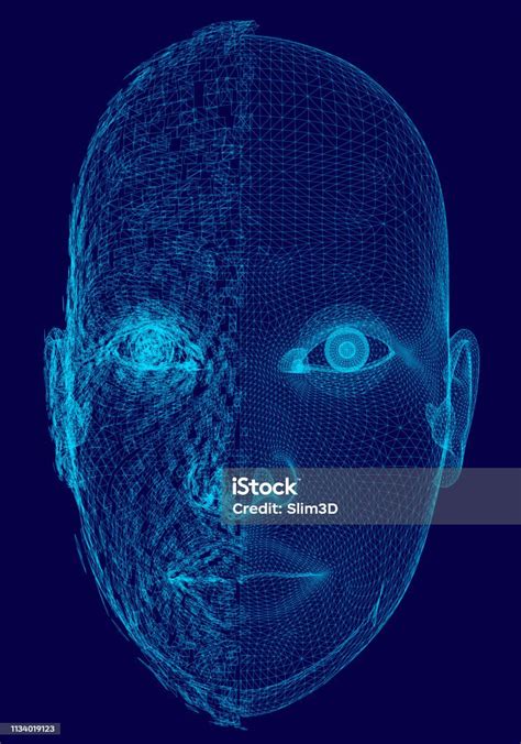 와이어 프레임 머리 여자 절반 깨진 어두운 배경에 파란색 선에서 다각형 인간의 머리 3d 소녀의 얼굴은 절반 파편으로 부서진