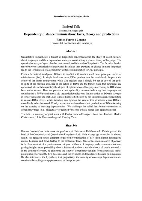 Pdf Syntaxfest 2019 Invited Talk Dependency Distance Minimization