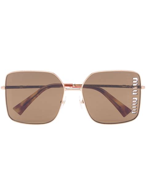 Miu Miu Eyewear Logo Detail Square Frame Sunglasses Gold Farfetch