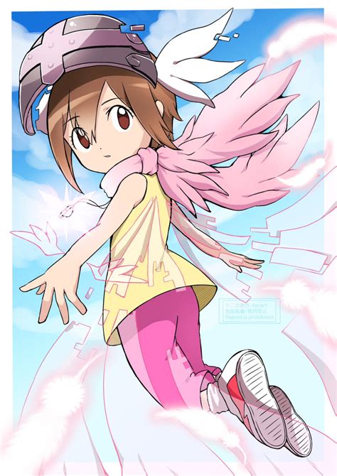Safebooru 1girl Angewomon Brown Eyes Brown Hair Clouds Commentary