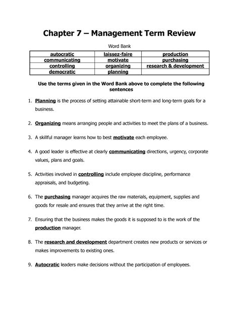 17 Chapter 7 Term Review Chapter 7 Management Term Review Word