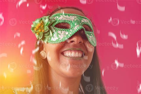 Happy Young Woman With Mask And Confetti At Carnaval Party Brazilian