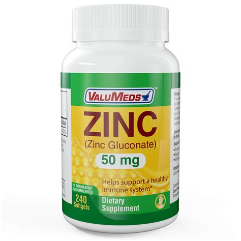 Valumeds Zinc Gluconate 50mg Softgels 240 Bulk Non Gmo Dietary