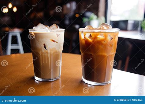 Two Iced Coffee Lattes One With Extra Shot Of Espresso For A More