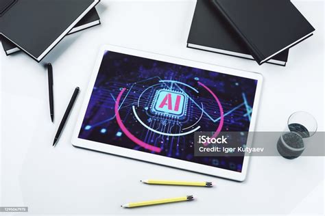 창조적 인 인공 지능 약어와 현대 디지털 태블릿 화면의 최고 보기 미래 기술과 Ai 개념 3d 렌더링 0명에 대한 스톡 사진 및