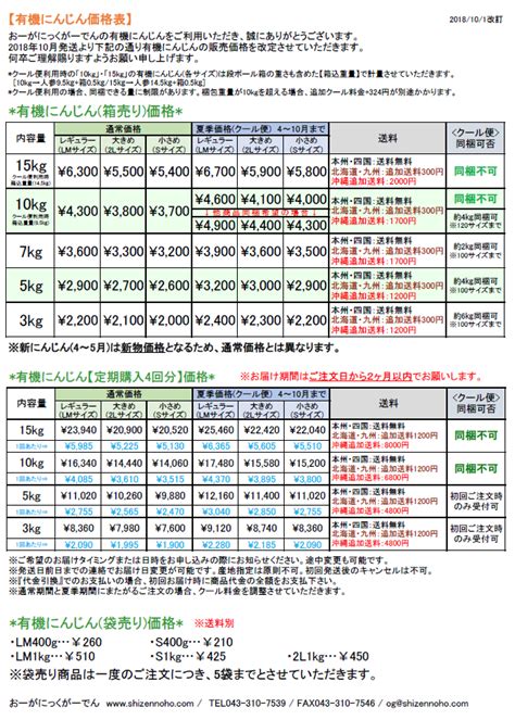 有機にんじん価格表 2018101改訂 にんじんジュースと有機野菜・自然農法野菜のお店 おーがにっくがーでん