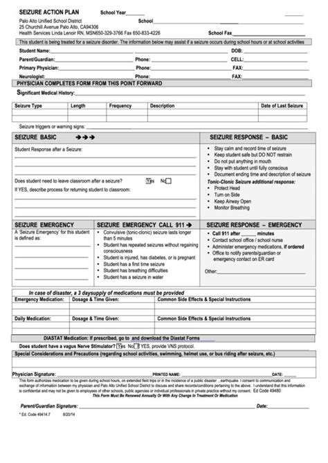 Seizure Action Plan Template Williamson