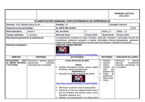 Planificacion Inicial 1 Semana 8 El Arte Me Gusta Periodo Lectivo