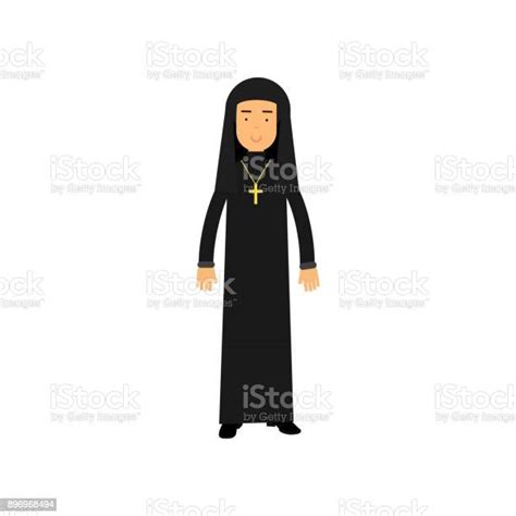 전통적인 의류에서 가톨릭 수녀의 캐릭터를 만화 멋진 검은 드레스에서 여자입니다 웃는 얼굴 표정으로 종교적인 사람입니다 평면 벡터 일러스트 레이 션 0명에 대한 스톡 벡터