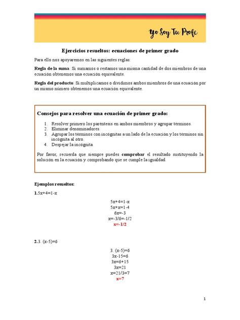 Ecuaciones De Primer Grado Ejercicios Resueltos 1 Pdf Ecuaciones