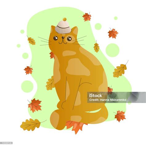 모자를 쓴 귀여운 붉은 고양이가 가을 나뭇잎 사이에 앉아 있습니다 10월에 대한 스톡 벡터 아트 및 기타 이미지 10월 가을 가을 단풍 Istock