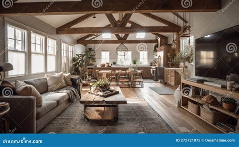 Custom Home Interior With Exposed Wooden Beams Generative Ai Stock Illustration Illustration