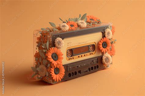 Generative Ai Illustration Of Retro Music Cassette Covered With Flowers
