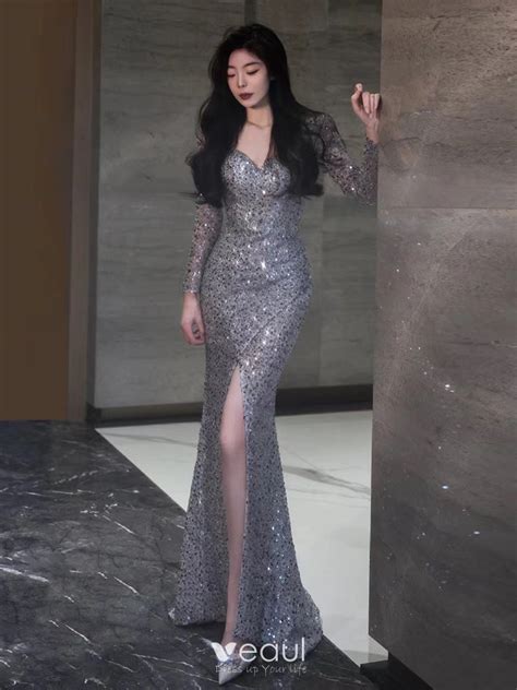 Sparkly Sexy Grey Beading Sequins Split Front Evening Dresses 2024