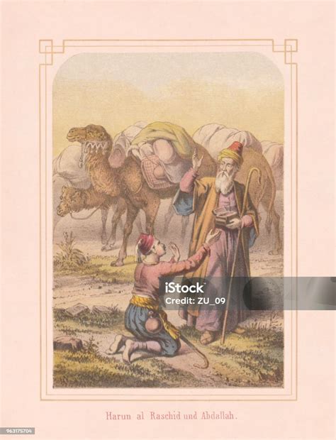 하 룬 알raschid과 압 달라 아라비 안 나이트에서 석판 1867 이슬람교에 대한 스톡 벡터 아트 및 기타 이미지