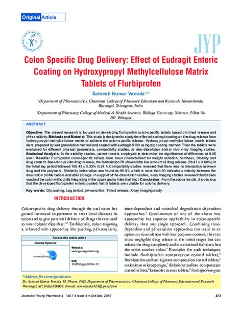 Pdf Colon Specific Drug Delivery Effect Of Eudragit Enteric Coating On Hydroxypropyl