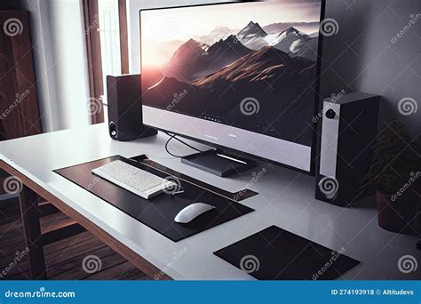 A Minimalist Desk With A Sleek Computer Monitor And Keyboard Stock Illustration Illustration