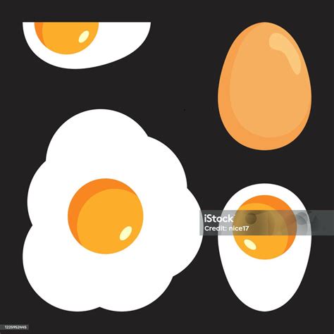 검은 색 배경에 고립 된 계란 튀긴 삶은 반 계란 세트 다양한 형태의 계란 달걀 로고 벡터 디자인 개념에 대한 스톡 벡터 아트 및 기타 이미지 Istock