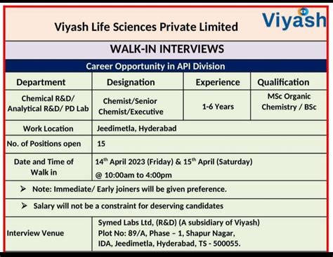 Viyash Life Sciences Walk In Interview For Chemical R D Analytical R D