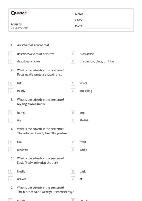 Adverbs Worksheets For Th Class On Quizizz Free Printable