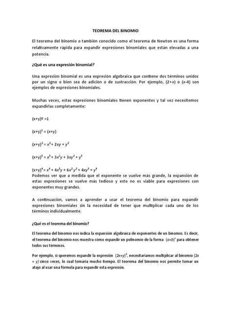 Teorema Del Binomio Pdf Matemática Elemental Teoría De Los Números