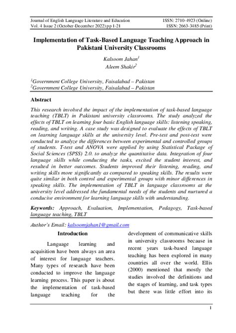 Pdf Implementation Of Task Based Language Teaching Approach In