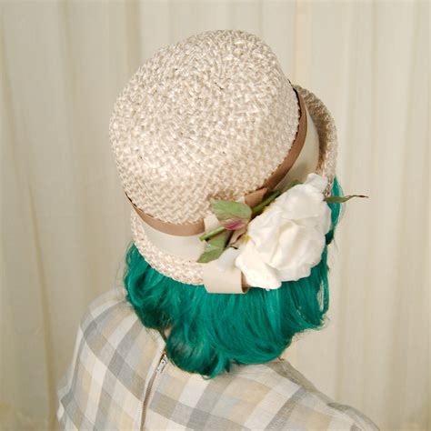 1960s White Rose Raffia Hat Cats Like Us