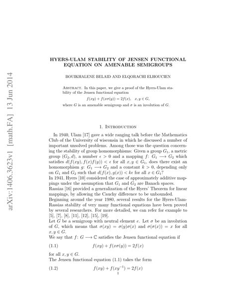 Pdf Hyers Ulam Stability Of Jensen Functional Equation On Amenable