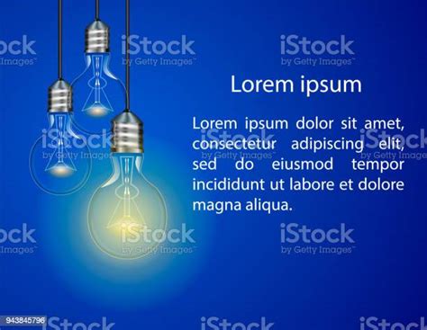 파란색 바탕에 3 개의 전기 전구입니다 한 빛이입니다 아이디어 개념입니다 텍스트를 위한 공간입니다 벡터 일러스트 레이 션 3가지 개체에 대한 스톡 벡터 아트 및 기타 이미지