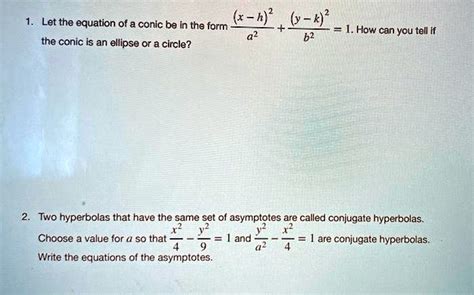 Solved 1let The Equation Of A Conic Be In The Form X Hy K A2 Ihow