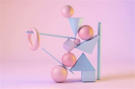 평형에서 기하학적 모양의 추상 3d 렌더링 장면 구체 삼각형 사각형 황소 분홍색과 파란색 색상의 원두 세로 3차원 형태에 대한 스톡 사진 및 기타 이미지 Istock