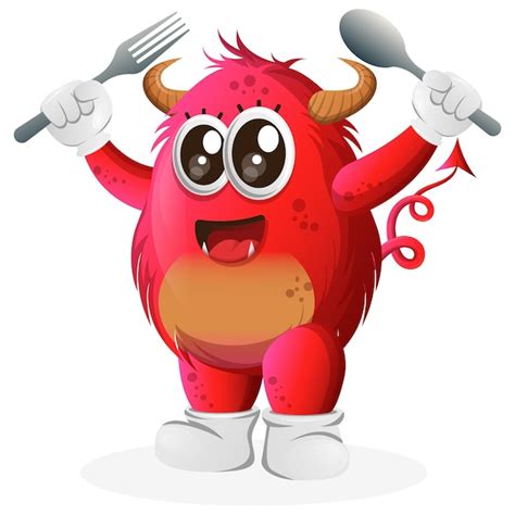 Vecteur Mignon Monstre Rouge Tenant Une Cuillère Et Une Fourchette