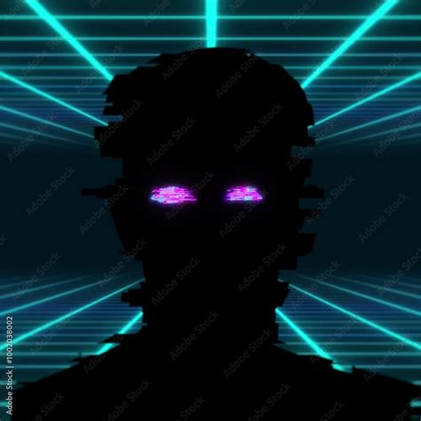 Glitch Art Glitch Silhouette Of Man With Noise Glitchy Eyes On Blue Laser Grid Background