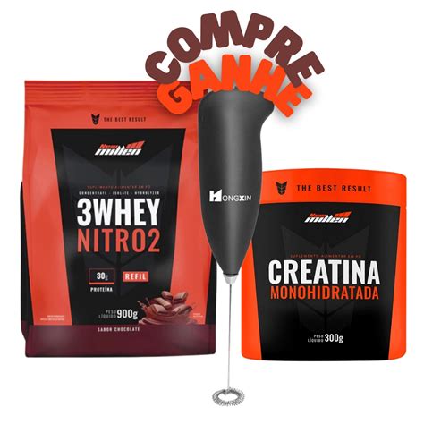 3 Whey Nitro 2 Refil 900g Creatina Monohidratada 300g New Millen