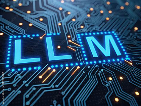 Blue Glowing Letters Llm On Circuit Board Background Showcasing Technology Large Language