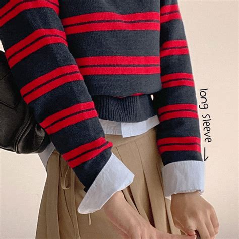 세미크롭스트라이프패턴 울단가라탄탄라운드니트티 5color 쫀쫀라운드넥긴팔클래식프레피룩포인트간절기가을옷겨울봄knit 에이블리