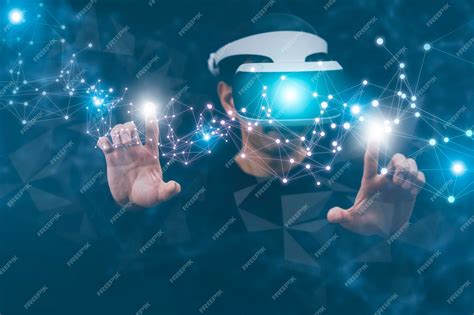 Vr 안경을 쓴 남자 가상 글로벌 인터넷 연결 메타버스 메타버스 디지털 사이버 세계 기술 개념 네트워크 연결 및 홀로그램 화면