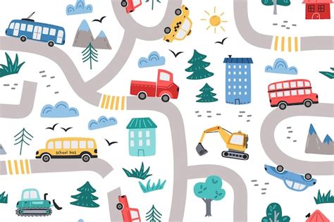 귀여운 작은 자동차와 함께 도시 도로 패턴 어린이 마을 인쇄 마을 교통 원활한 벡터 배경 일러스트 레이 션 프리미엄 벡터