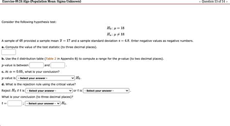 Exercise 0924 Algo Population Mean Sigma Unknown Question 13 Of 14