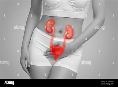 Woman Suffering From Cystitis On Light Grey Background Closeup