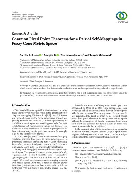 PDF Common Fixed Point Theorems For A Pair Of Self Mappings In Fuzzy Cone Metric Spaces